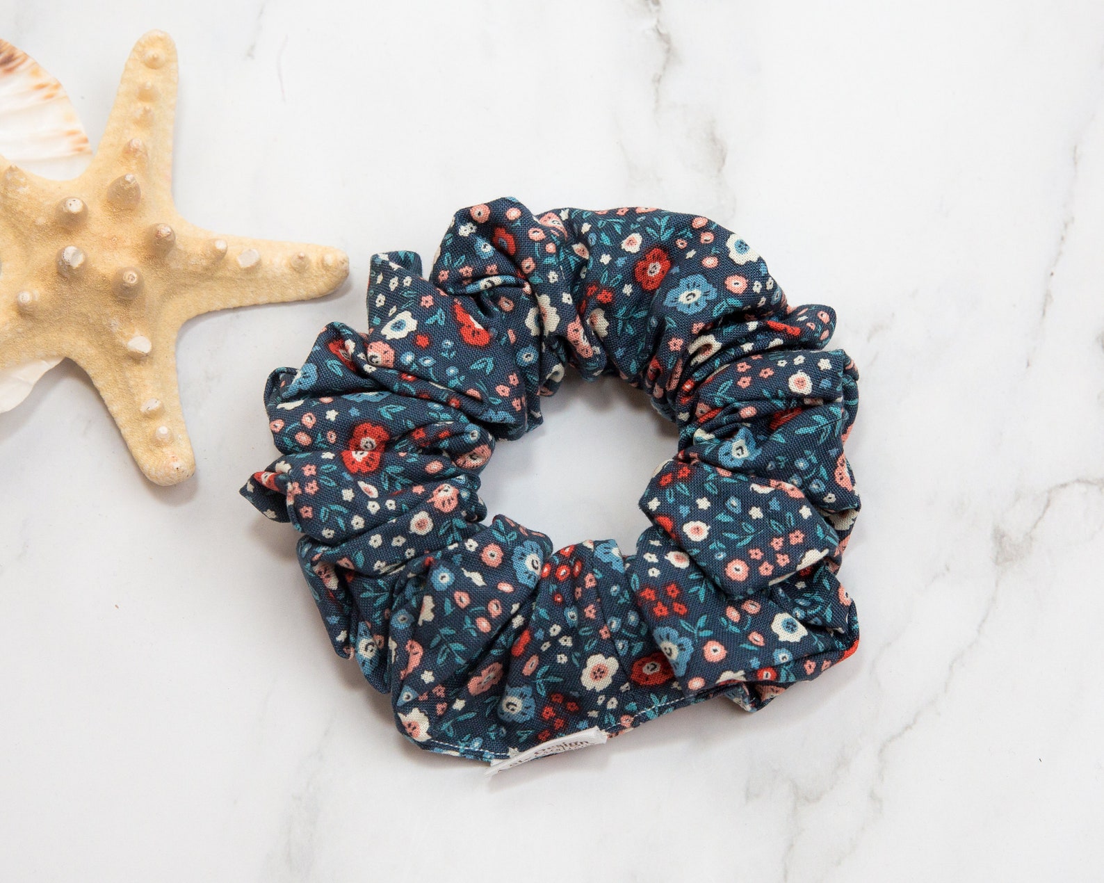 Navy Floral Scrunchies | Navy Blue Hair Tie With Flowers Design ...