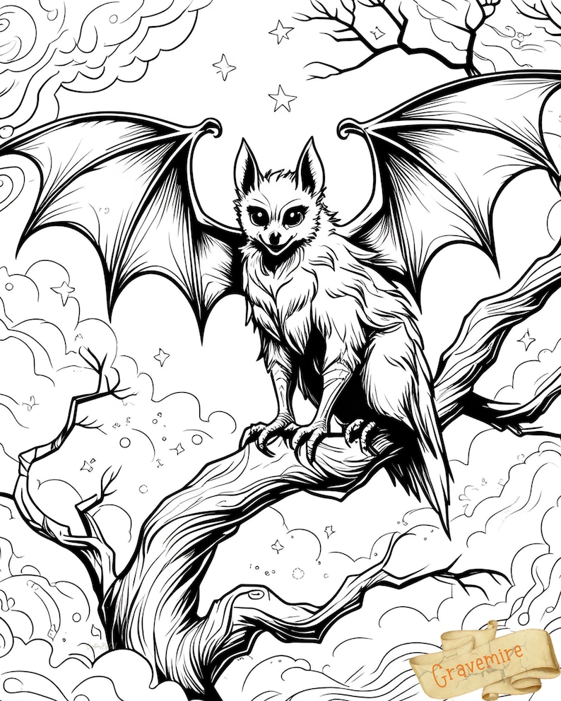 Bat Coloring Page, Gravemire Gothic Poster Printable Fantasy Line Art ...