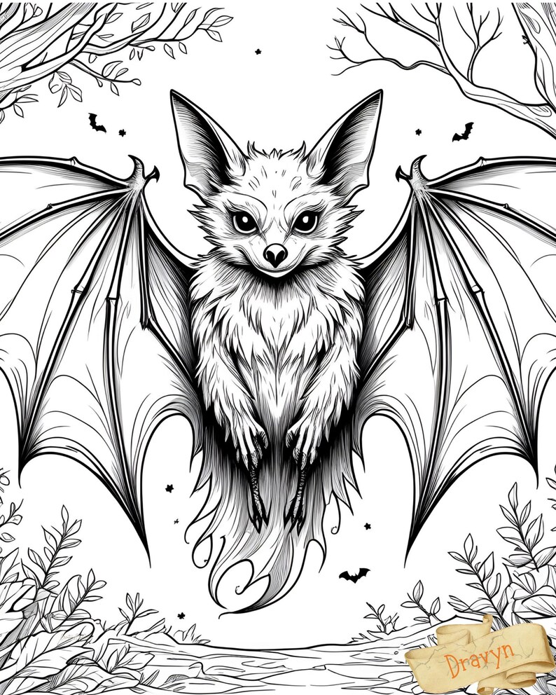 Bat Coloring Page, Dravyn-printable Gothic Poster (11x14) + Scroll Page ...