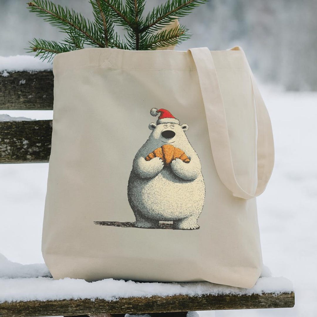 Christmas Polar Bear Eco Tote Bag: Santa Hat, Croissant, Organic Cotton ...