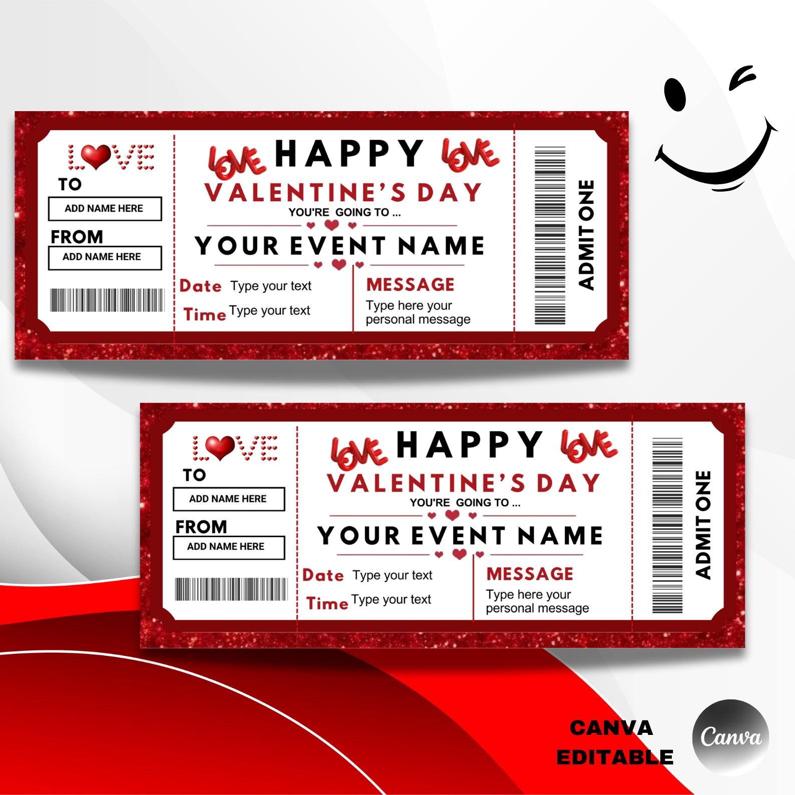 Editable Valentine Event Ticket, Musical Event Concert Ticket Gift ...