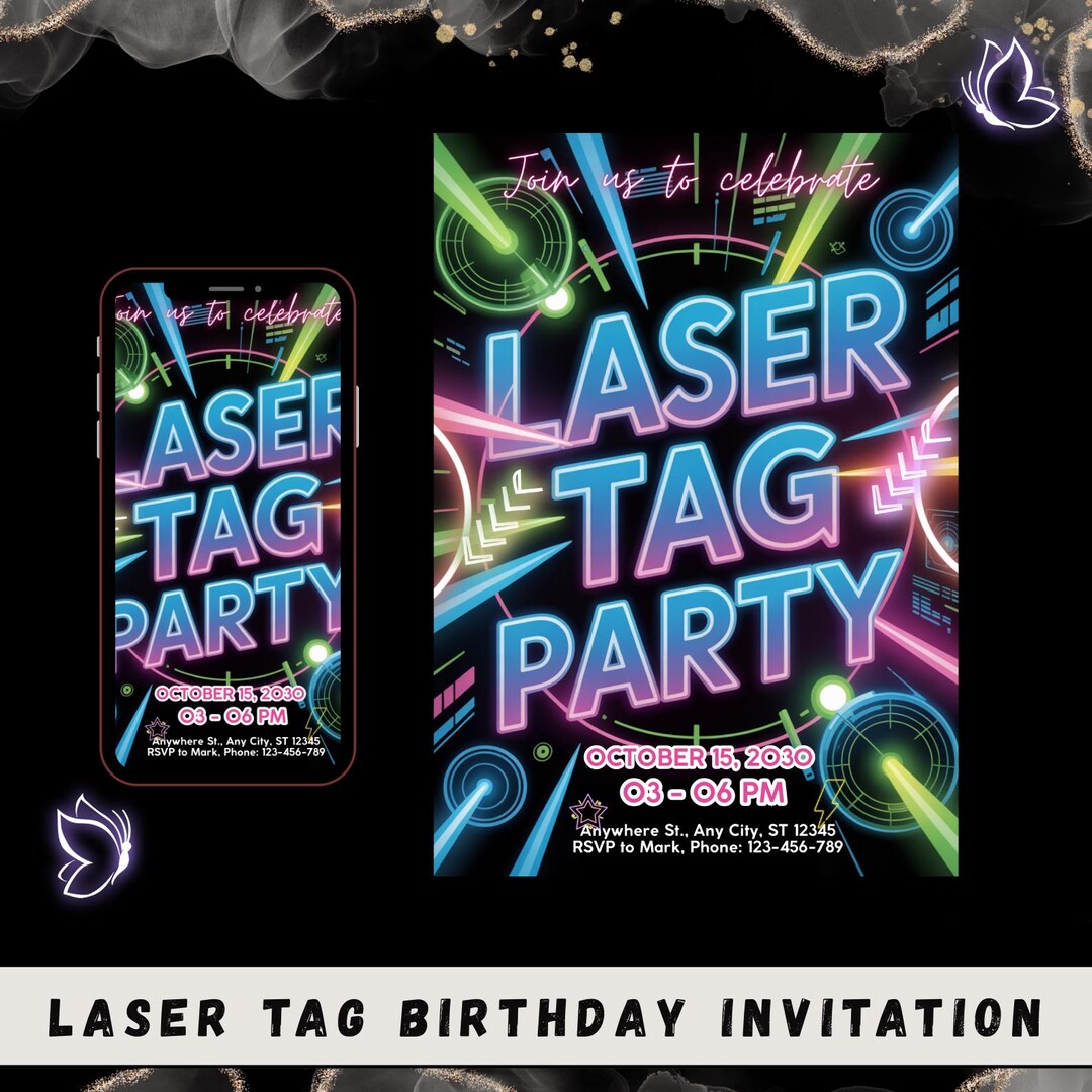 Editable Laser Tag Birthday Invitation, Neon Birthday Party Invite, Boy ...