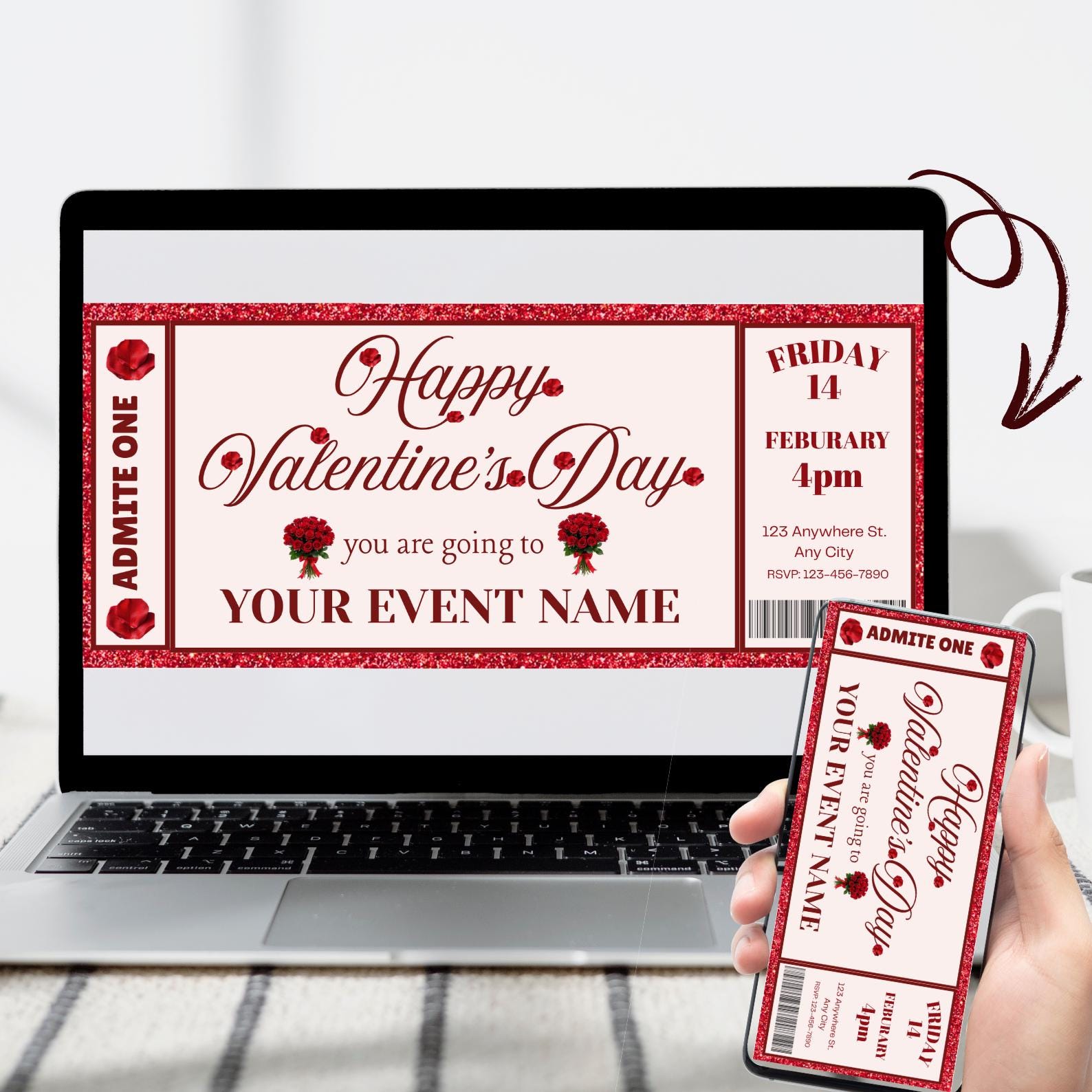 Editable Valentine's Day Ticket Template, Valentine Coupon & Surprise ...