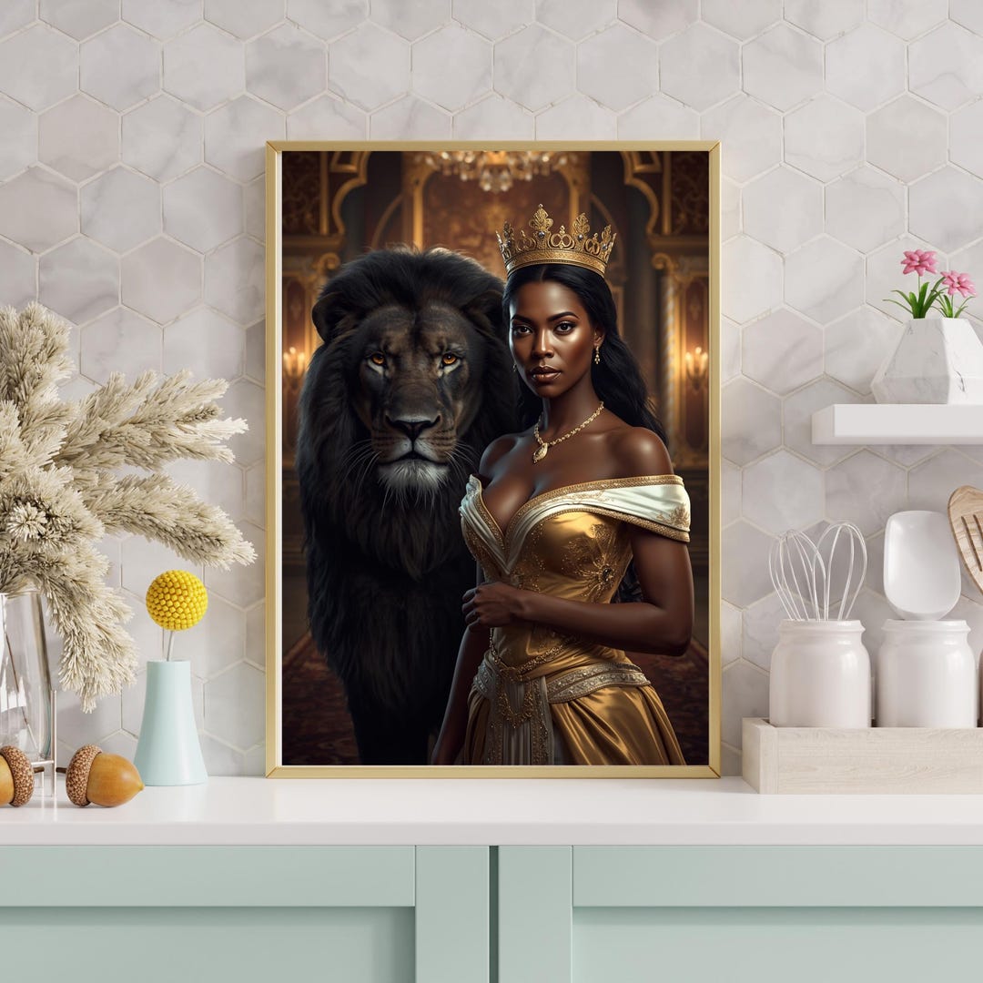 Elegant Black Queen & Her Black Lion Wall Art – Afro Queen Digital ...