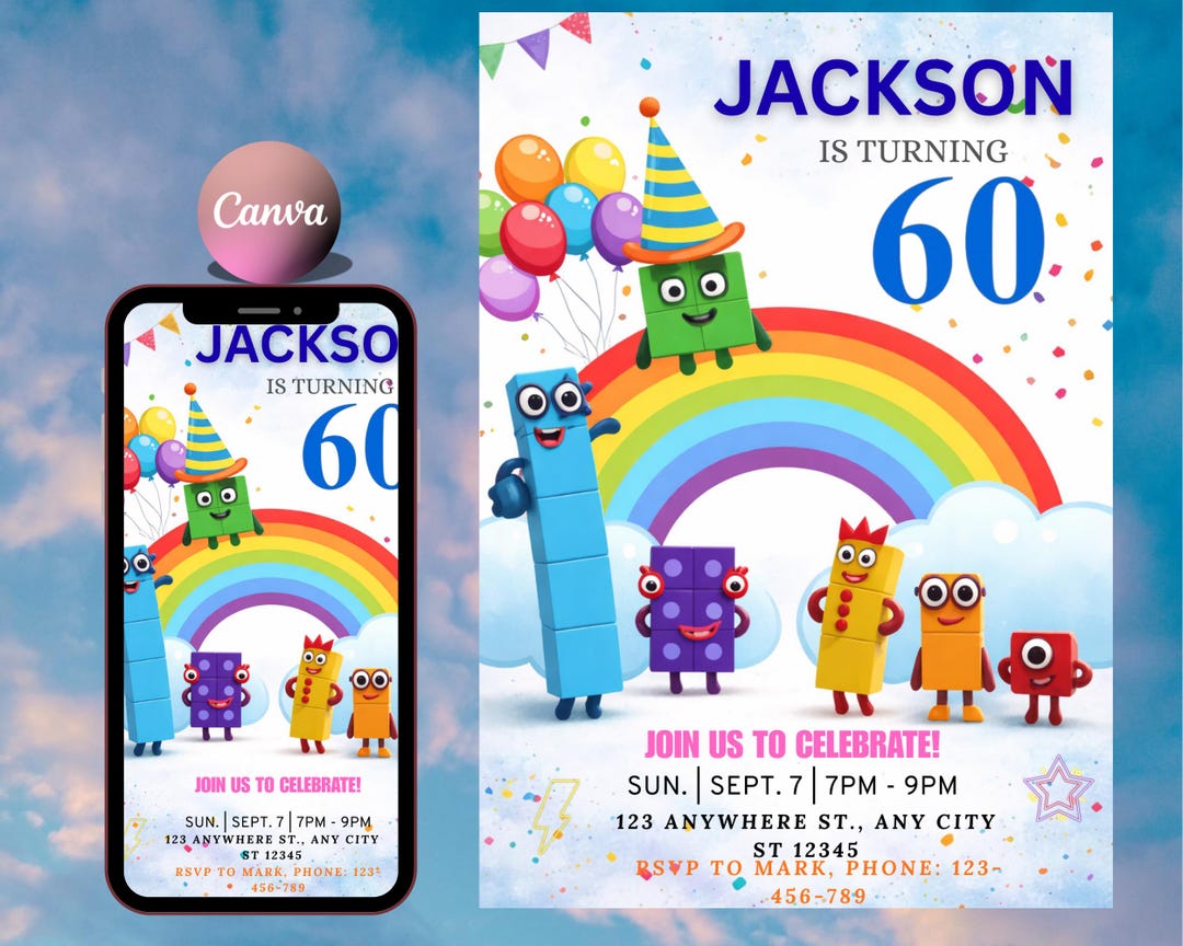 Numberblocks Birthday Invitation, Learn Numbers First Second Party ...
