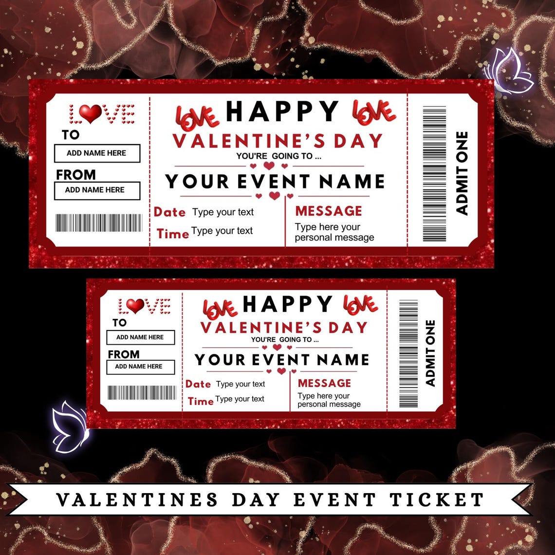 Editable Valentine Event Ticket, Musical Event Concert Ticket Gift ...