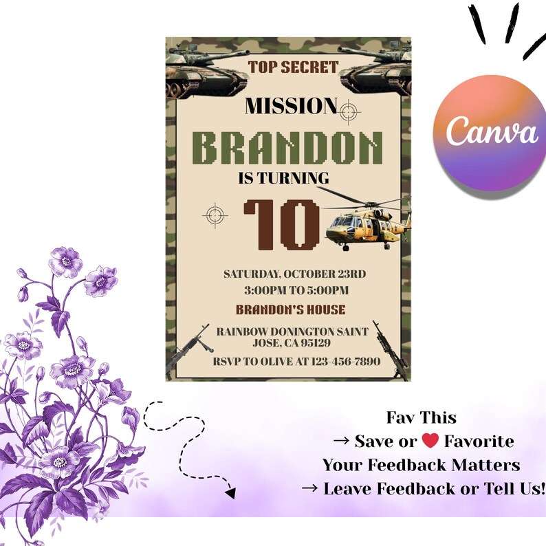 Military Party Invitation, Soldier Birthday Invitation, Camouflage Any ...