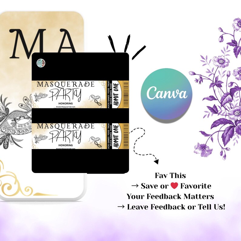 Elegant Masquerade Ball Ticket Template , Editable Party Invitation ...