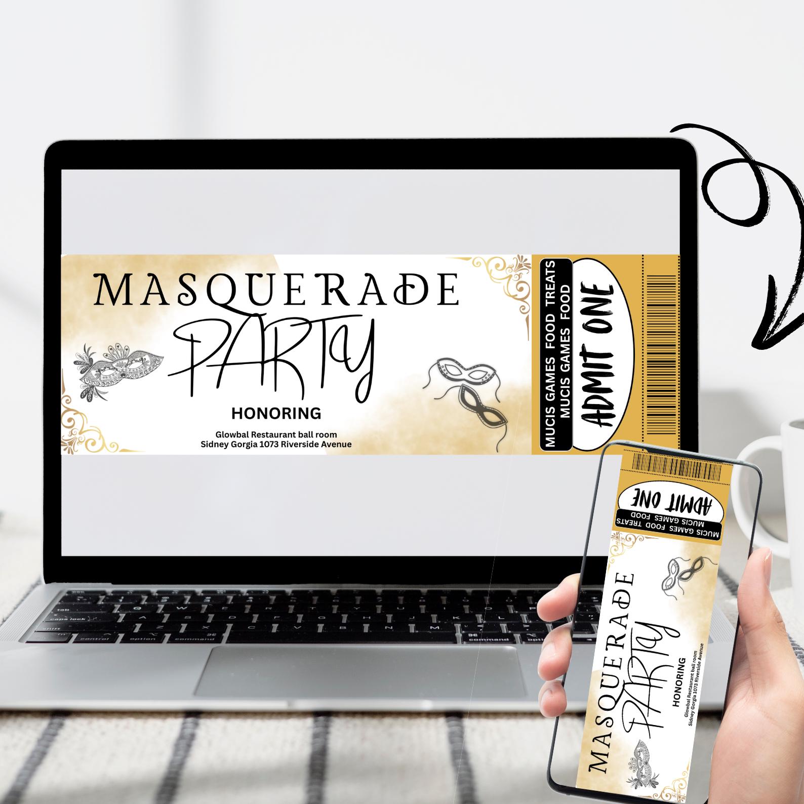 Elegant Masquerade Ball Ticket Template , Editable Party Invitation ...