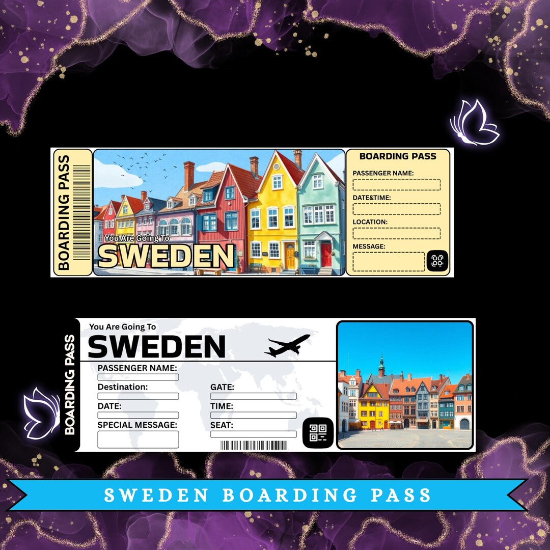 Sweden Trip Surprise Gift Ticket | Editable Flight Ticket Gift Template ...