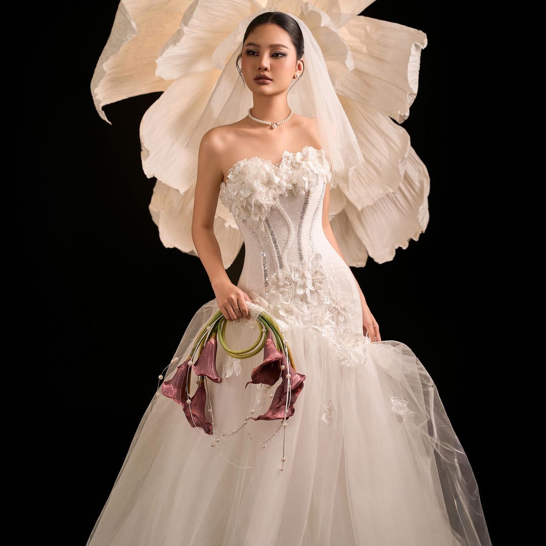 Strapless Floral Corset Ball Gown | Elegant Tulle Wedding Dress - Etsy