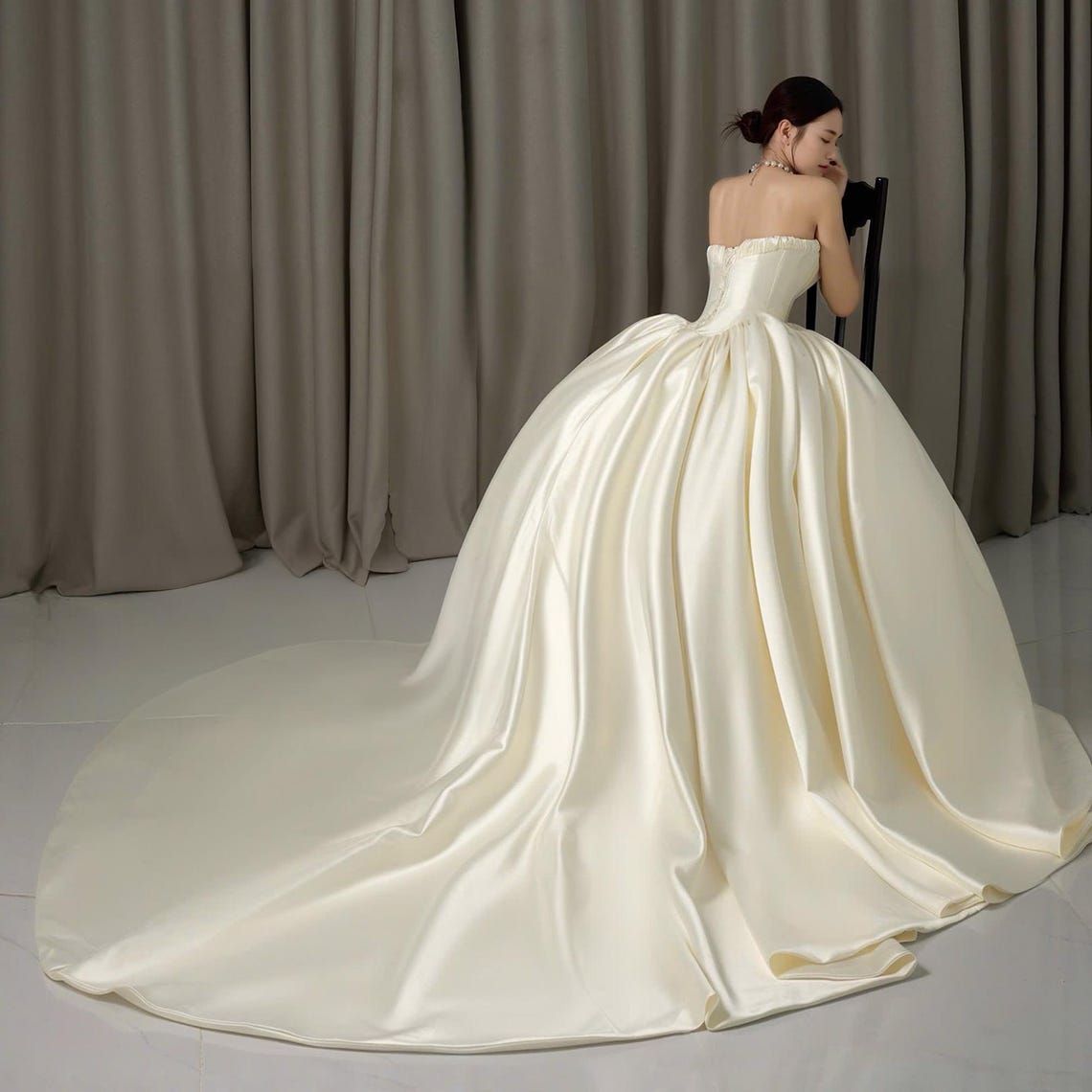 Ivory Satin Wedding Dress Basque Waist, Princess Ball Gown Long Train ...