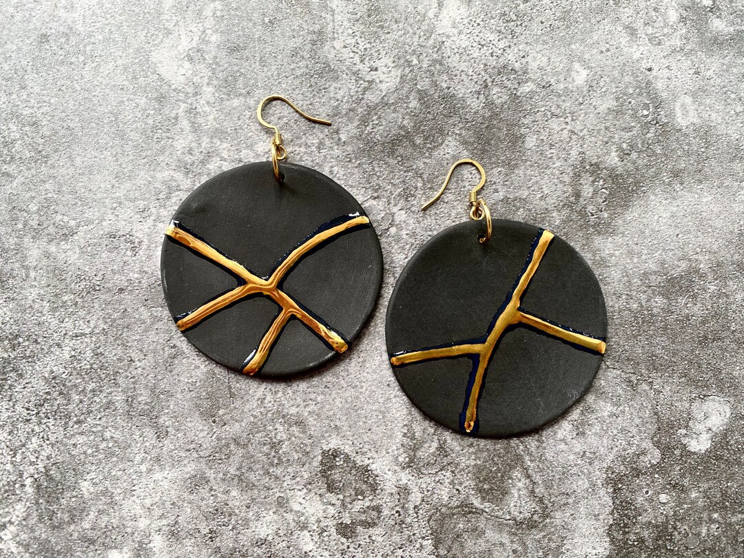 Black Kintsugi Earrings, Large Porcelain Dangly Earrings - Etsy
