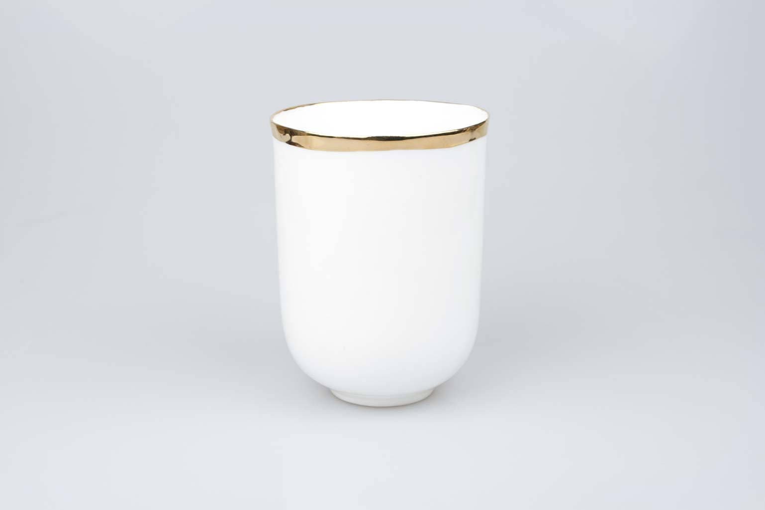 White Ceramic Tumbler With Gold Rim, Porcelain Beaker, Smoothie Mug ...