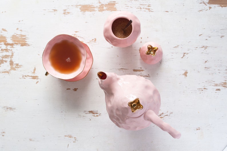 Pink Sugar Bowl Porcelain Sugar Pot Decorated with Real Gold | Etsy