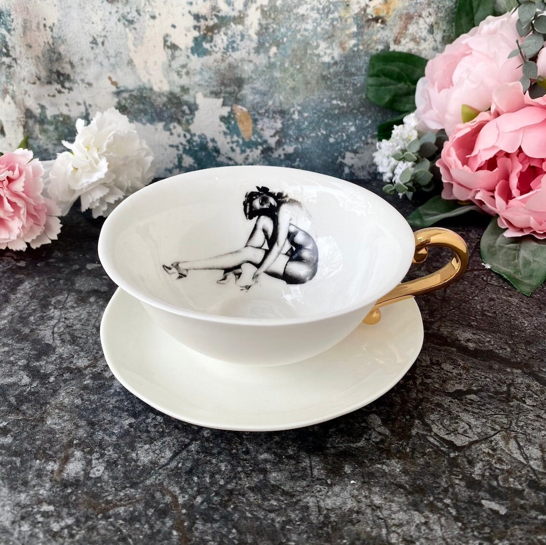 Teacup and Saucer With Sexy Girl, Handmade Porcelain Teacup With Gold ...
