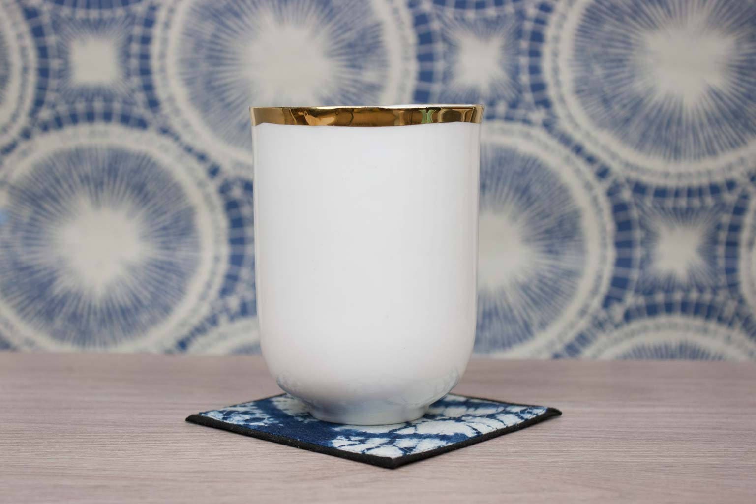 White Ceramic Tumbler With Gold Rim, Porcelain Beaker, Smoothie Mug ...