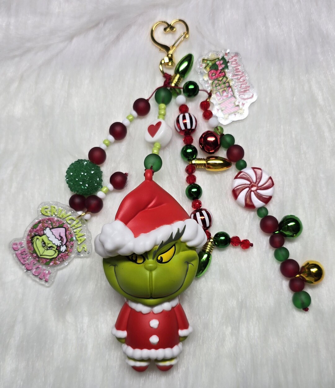 Handmade Grinch Christmas Keychain Beaded Holiday Bag Charm - Etsy
