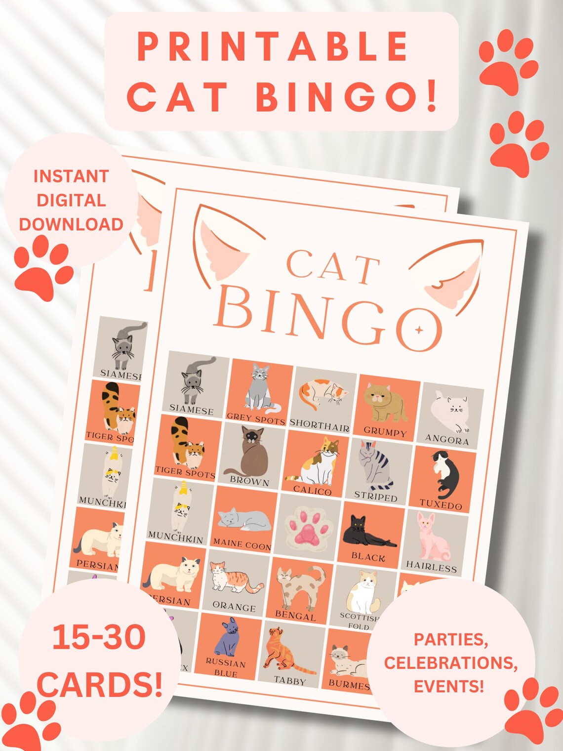Cat Bingo, 30 Printable Cat Bingo Cards, Cat Birthday Party Game, Cat ...