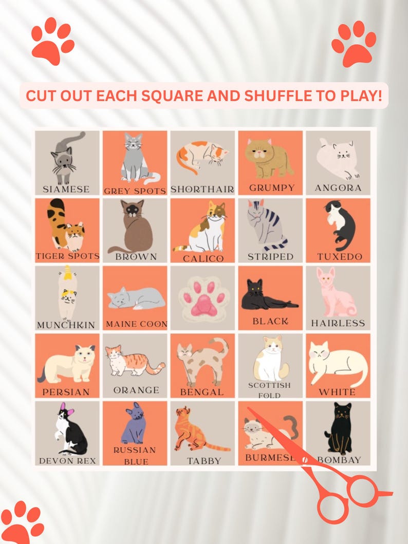 Cat Bingo, 30 Printable Cat Bingo Cards, Cat Birthday Party Game, Cat ...