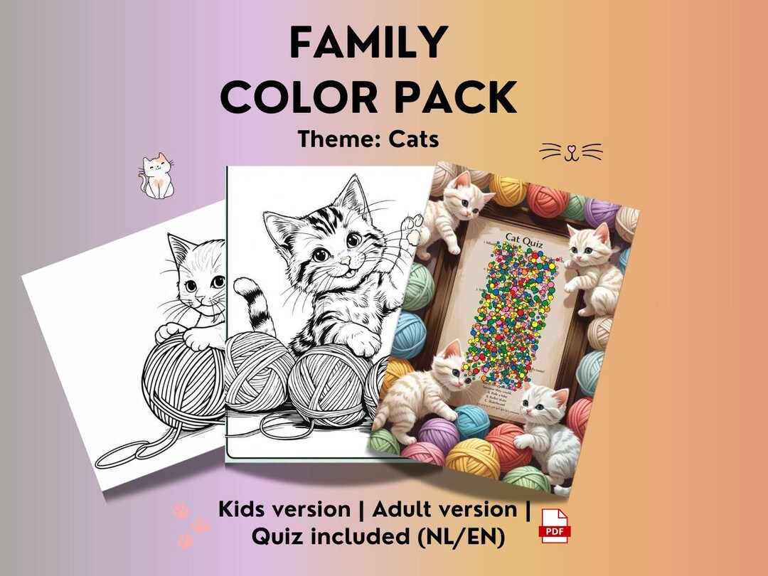 Cats Family Coloring Pack – 1 Kids Page, 1 Adult Page + Quiz PDF (NL/EN ...