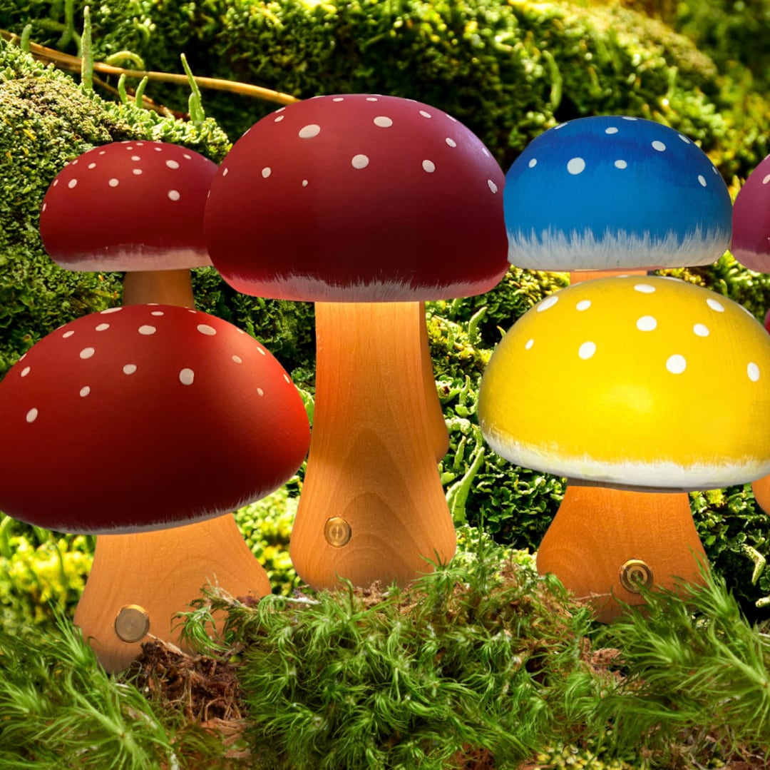 Toadstool Mushroom Lamps , Wooden, LED Hand-painted, Blue, Red, Yellow ...