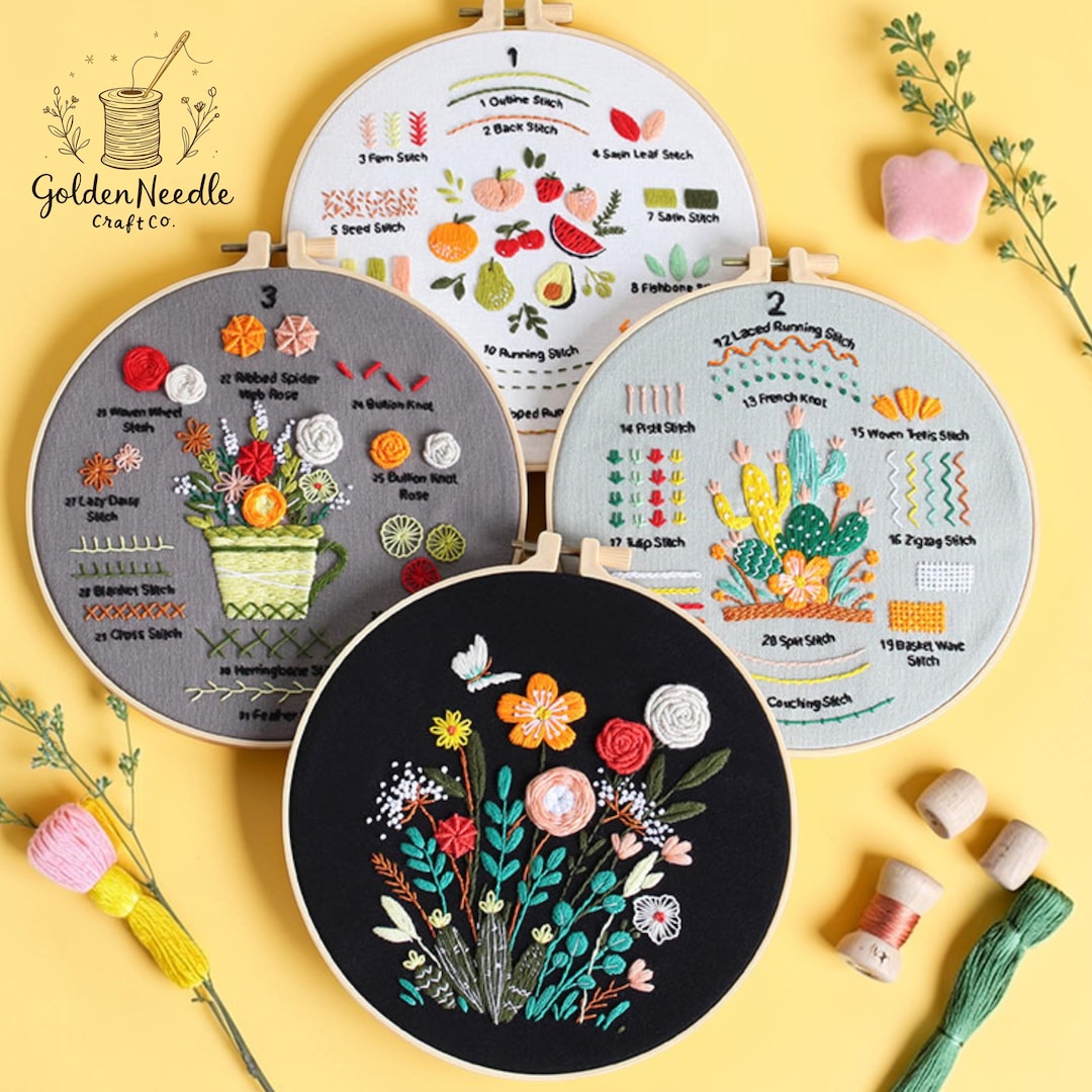 Beginner Embroidery Kit, 4 Stitch Sampler Floral Designs, Modern ...