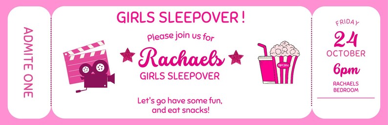 Girls Sleepover Invitation With Movie Night Ticket Style, Pink Party ...