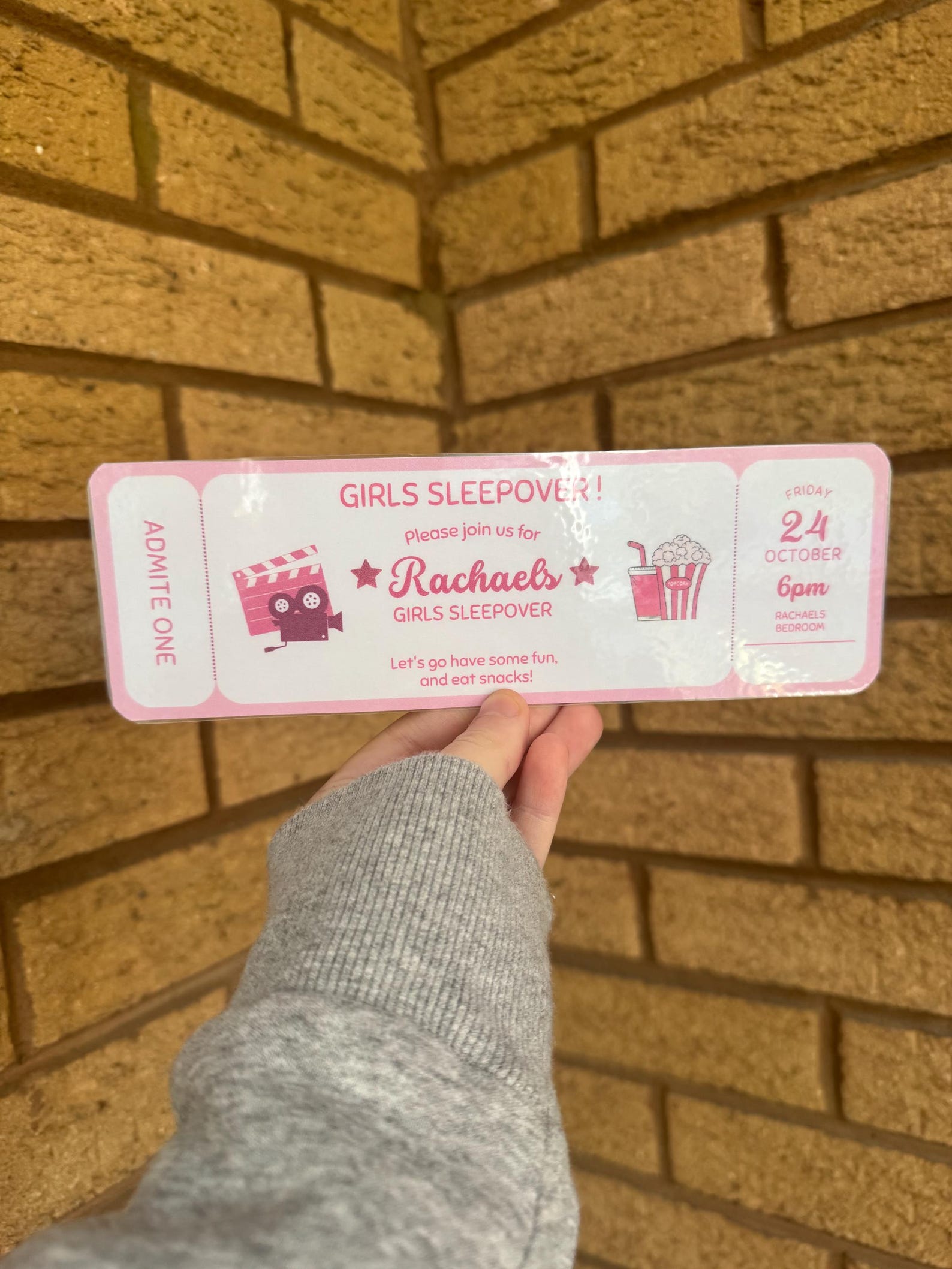 Girls Sleepover Invitation With Movie Night Ticket Style, Pink Party ...