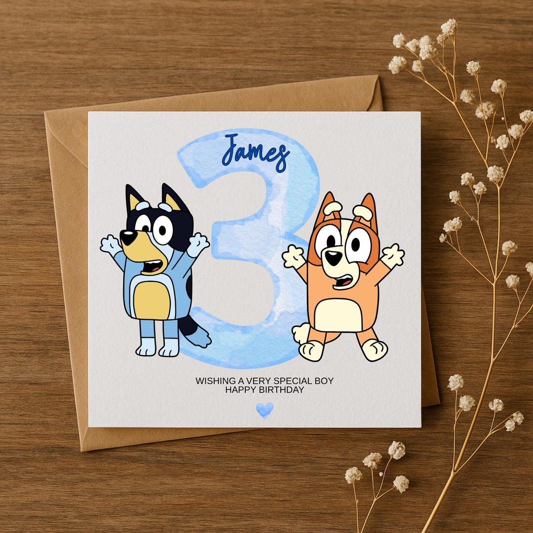Personalised Bluey Birthday Card for Boys, Custom Name Kids Birthday ...