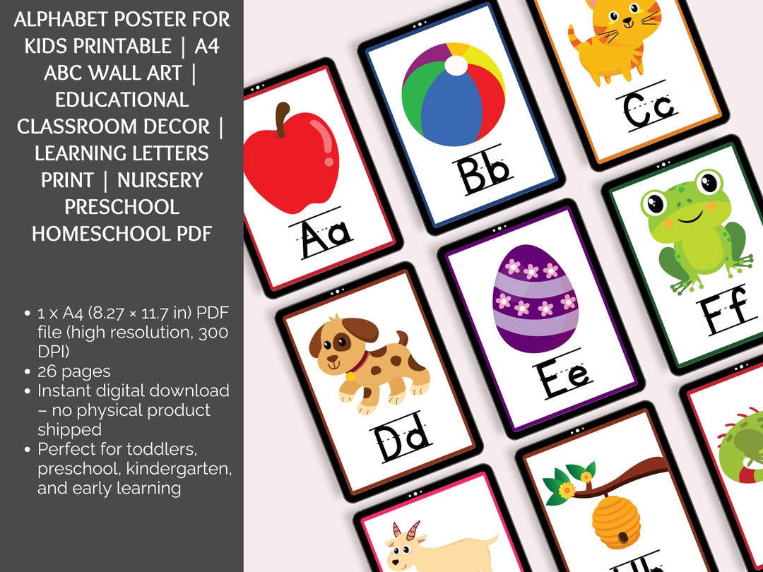 Printable Alphabet Poster for Kids: A4 Educational Wall Art, Classroom ...