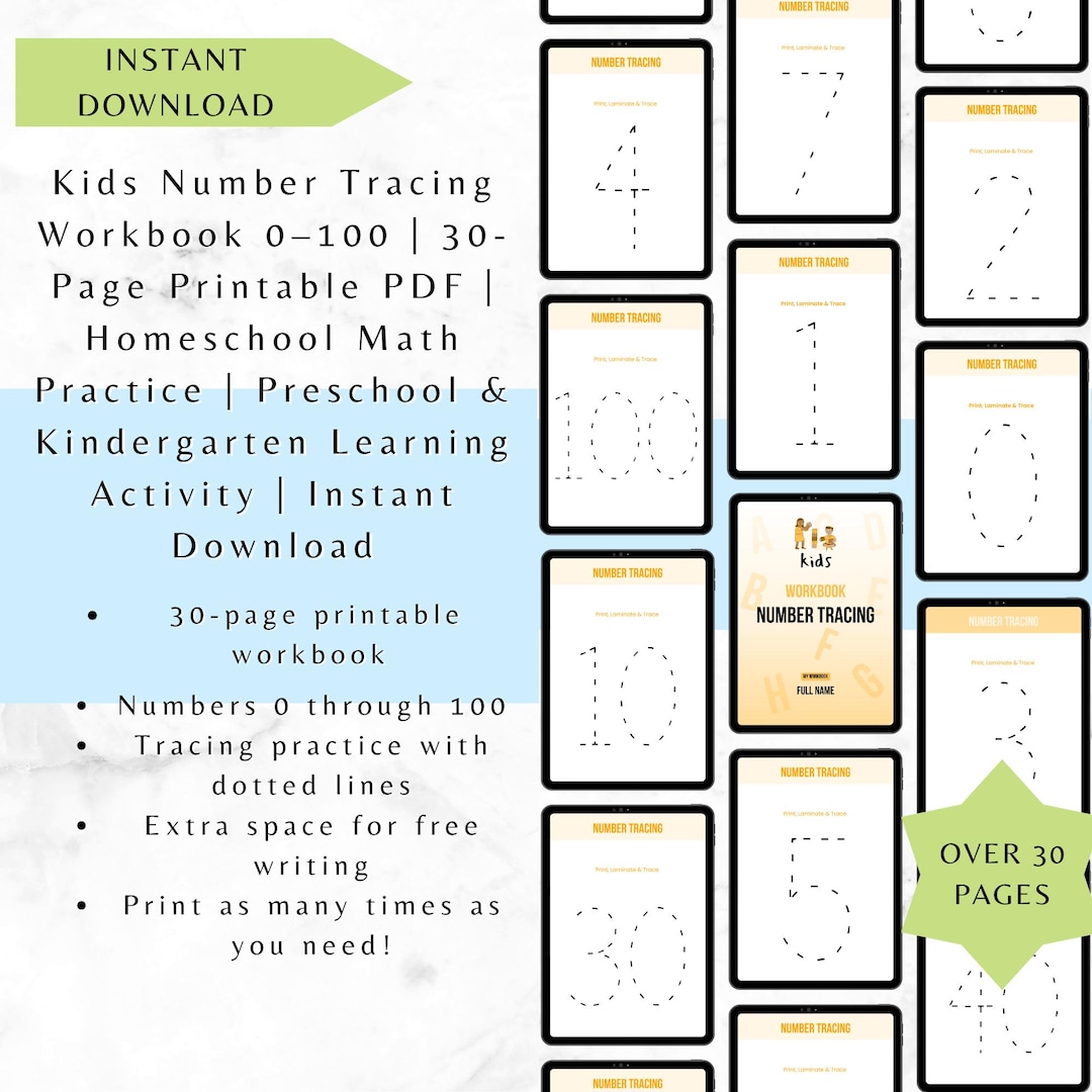 Printable Number Tracing Workbook 0-100: Kids Math Practice Sheets PDF ...