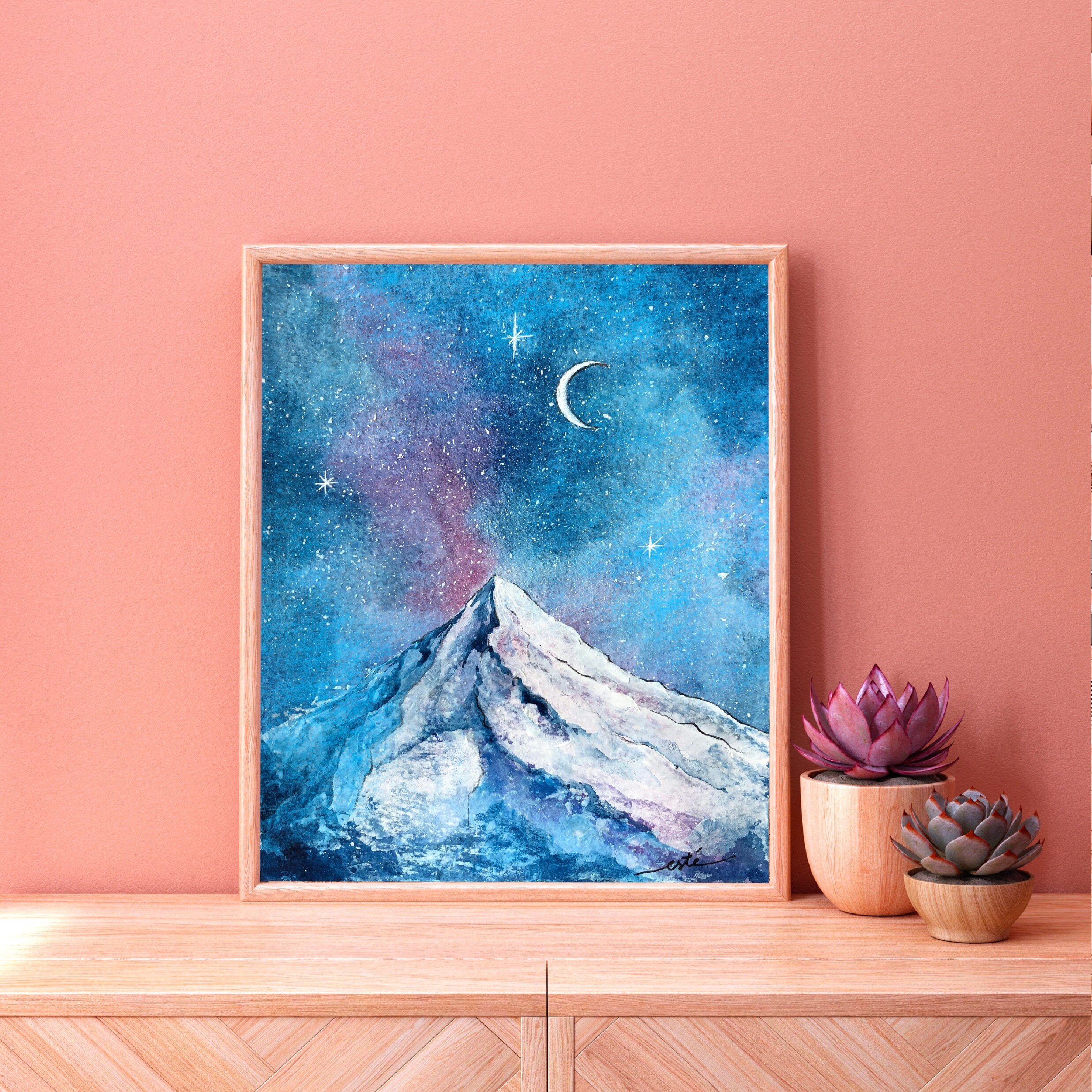 Moon and mountain dreamy landscape watercolor print | Etsy