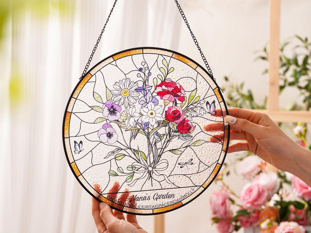 Personalized Stained Glass Sun Catcher, Birth Flower Bouquet Decor ...