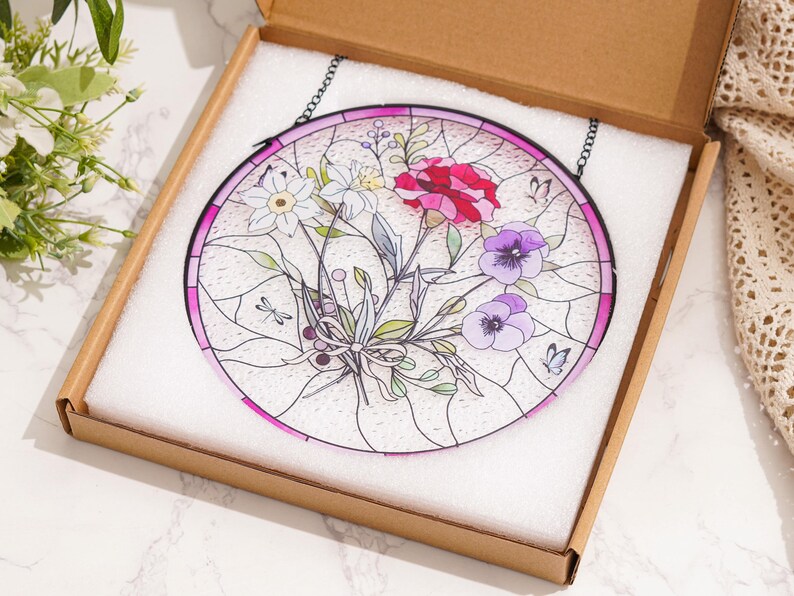 Personalized Stained Glass Sun Catcher, Birth Flower Bouquet Decor ...
