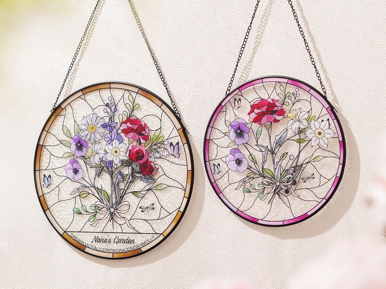 Personalized Stained Glass Sun Catcher, Birth Flower Bouquet Decor ...