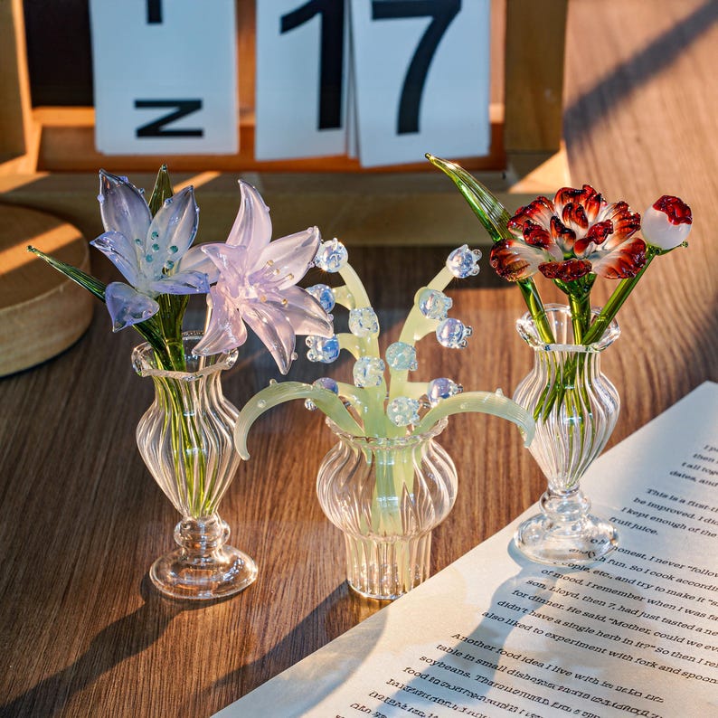 Hand Blown Glass Flower Bouquet With Vase, Mini Floral Home Decor - Etsy