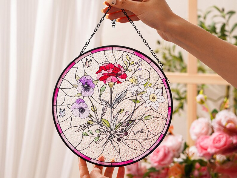 Personalized Stained Glass Sun Catcher, Birth Flower Bouquet Decor ...