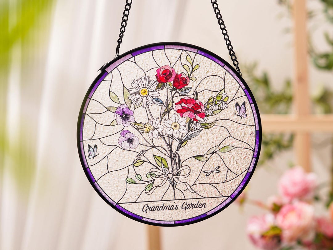 Personalized Stained Glass Sun Catcher, Birth Flower Bouquet Decor ...