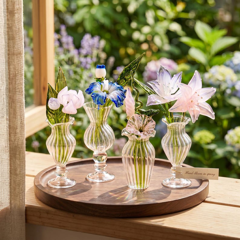 Hand Blown Glass Flower Bouquet With Vase, Mini Floral Home Decor - Etsy