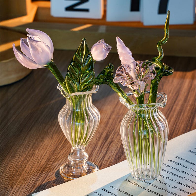 Hand Blown Glass Flower Bouquet With Vase, Mini Floral Home Decor - Etsy