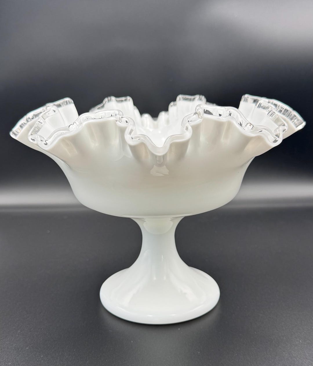 Fenton Silver Crest Milk Glass Bowl | 8” Ruffled Edge Centerpiece ...