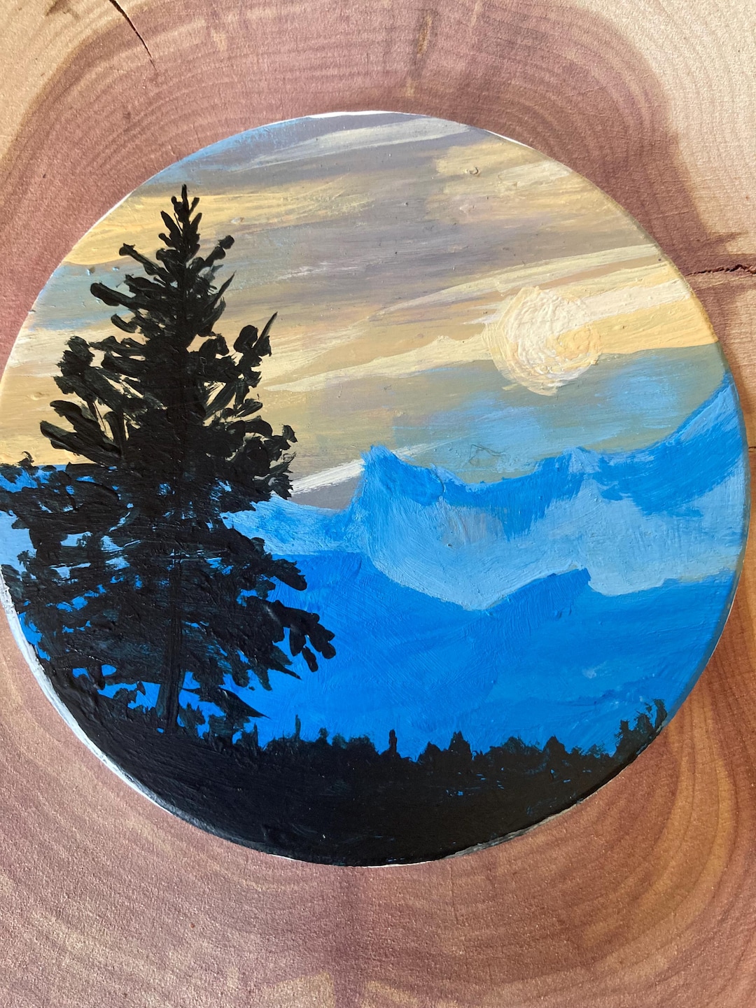 Hand-painted Mountain Sunset Coaster, Ceramic and Cork, 4” Round ...