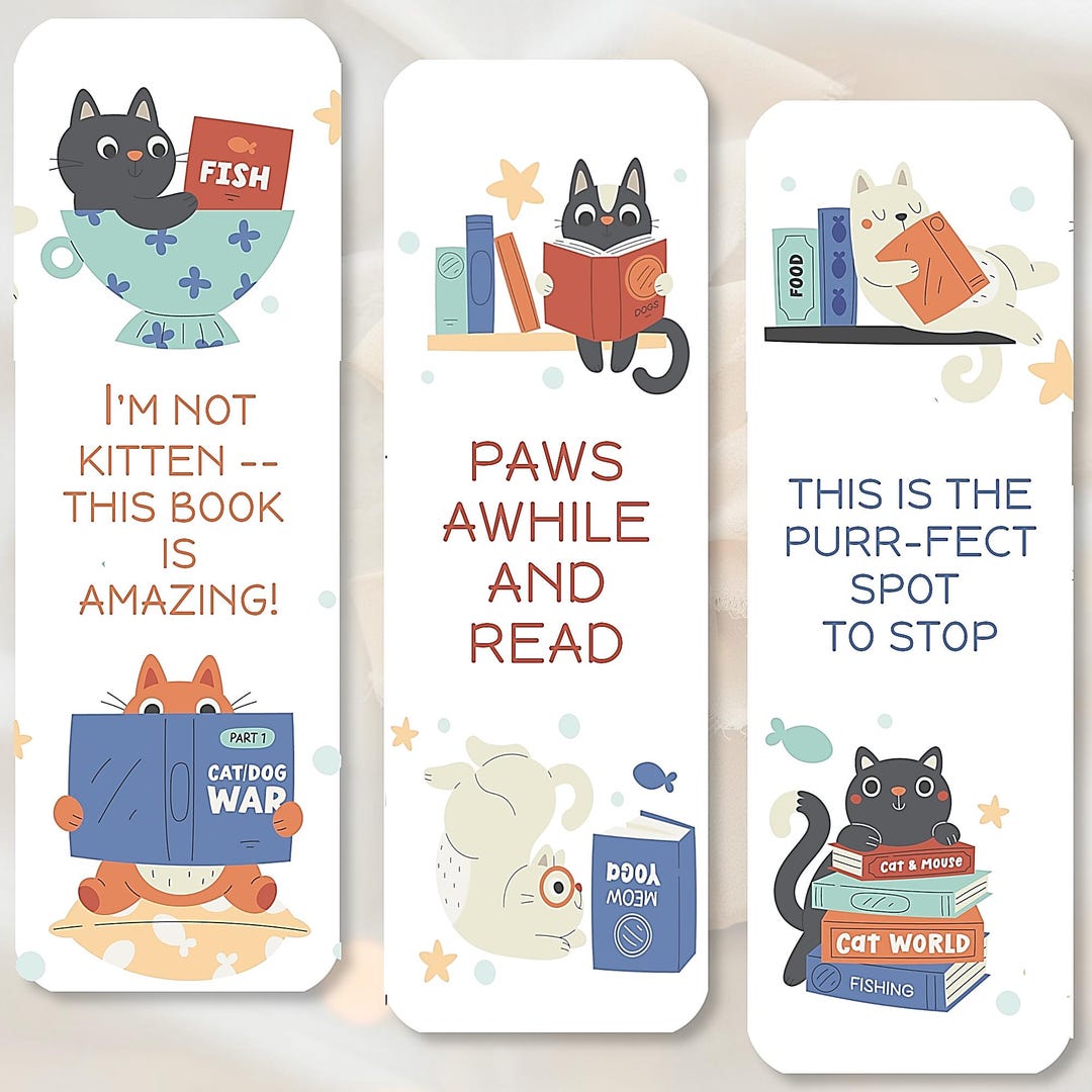 Whimsical Reading Cats Bookmarks | Set of 3 / Different Designs - Etsy