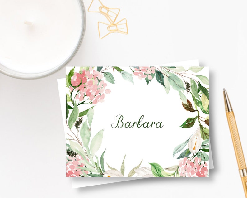 Pink Hydrangea Wreath Personalized Note Cards Watercolor - Etsy