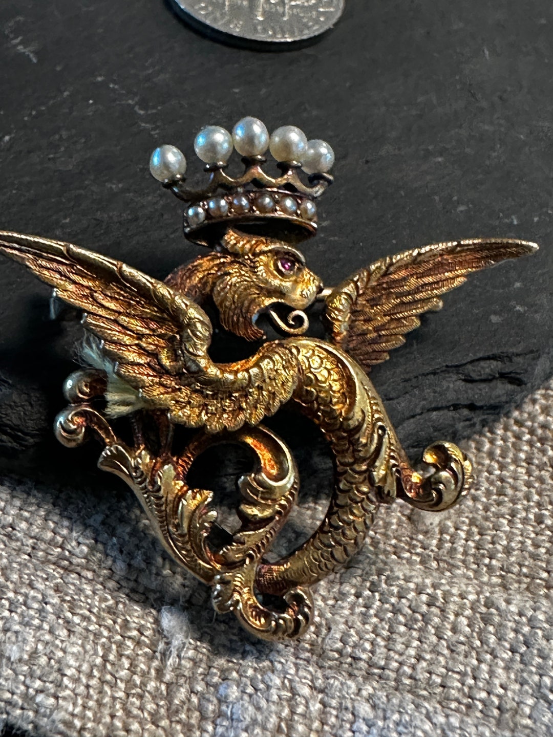 14k Griffin Unique Hand Wrought Brooch-sculpturally Magnificent With ...