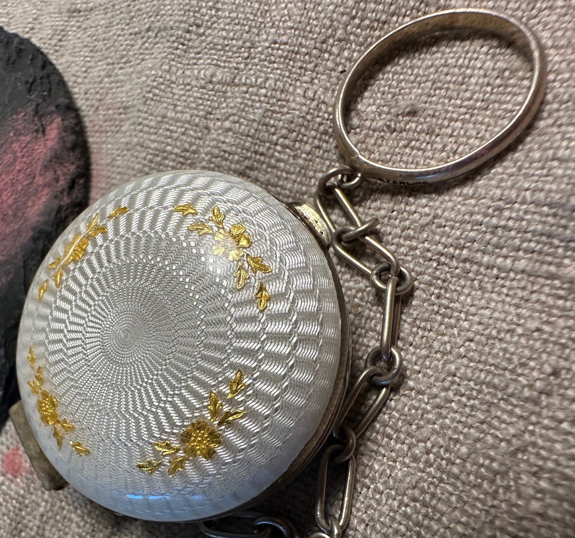 Sterling Compact- With Finger Ring Chain-white Guilloch Enamel Both ...