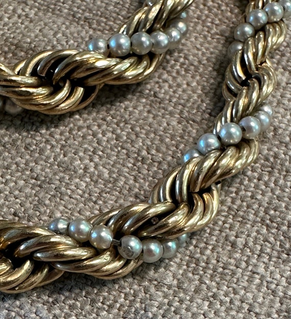 14k mid century twisted rope chain with genuine pearl… - Gem