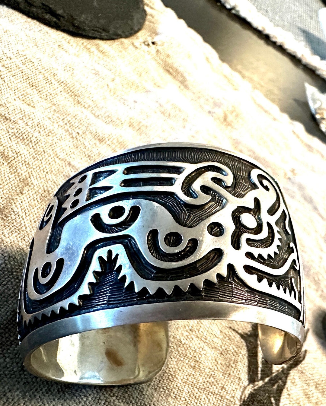 Sterling Cuff Mexican Mid Century-wide Hopi Looking Raised Quetzalcoatl ...