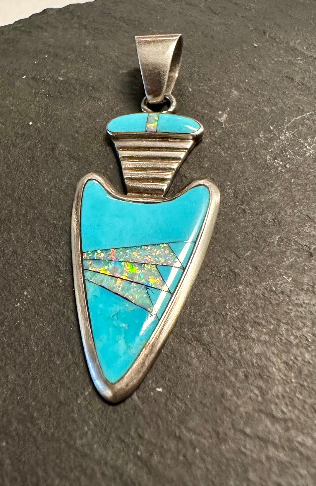 Sterling Turquoise Arrow Head Pendant Inlaid With Flashes of Fiery ...